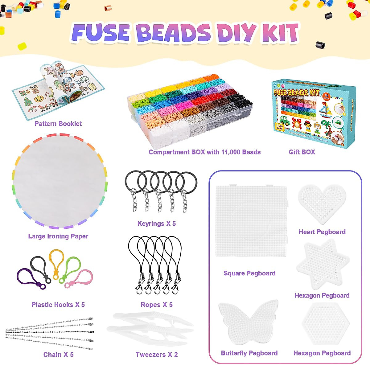 Meland Fuse Beads Kit - 11,000 pcs 36 Colors Fuse Beads Craft Set for Kids- 5MM Fuse Beads Set Including 5 Pegboards, Ironing Paper & Chain Accessories Iron Beads Christmas Birthday Gift