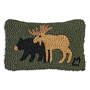 Chandler 4 Corners Artist-Designed Moose & Bear Hand-Hooked Wool Decorative Throw Pillow (8” x 12”)