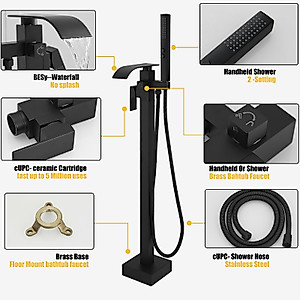 BESy Tub Filler Freestanding Bathtub Faucet Matte Black Floor Mount Tub Faucet Waterfall Free Standing Bathtub Filler High Flow Brass Bath Shower Faucets with Handheld Sprayer