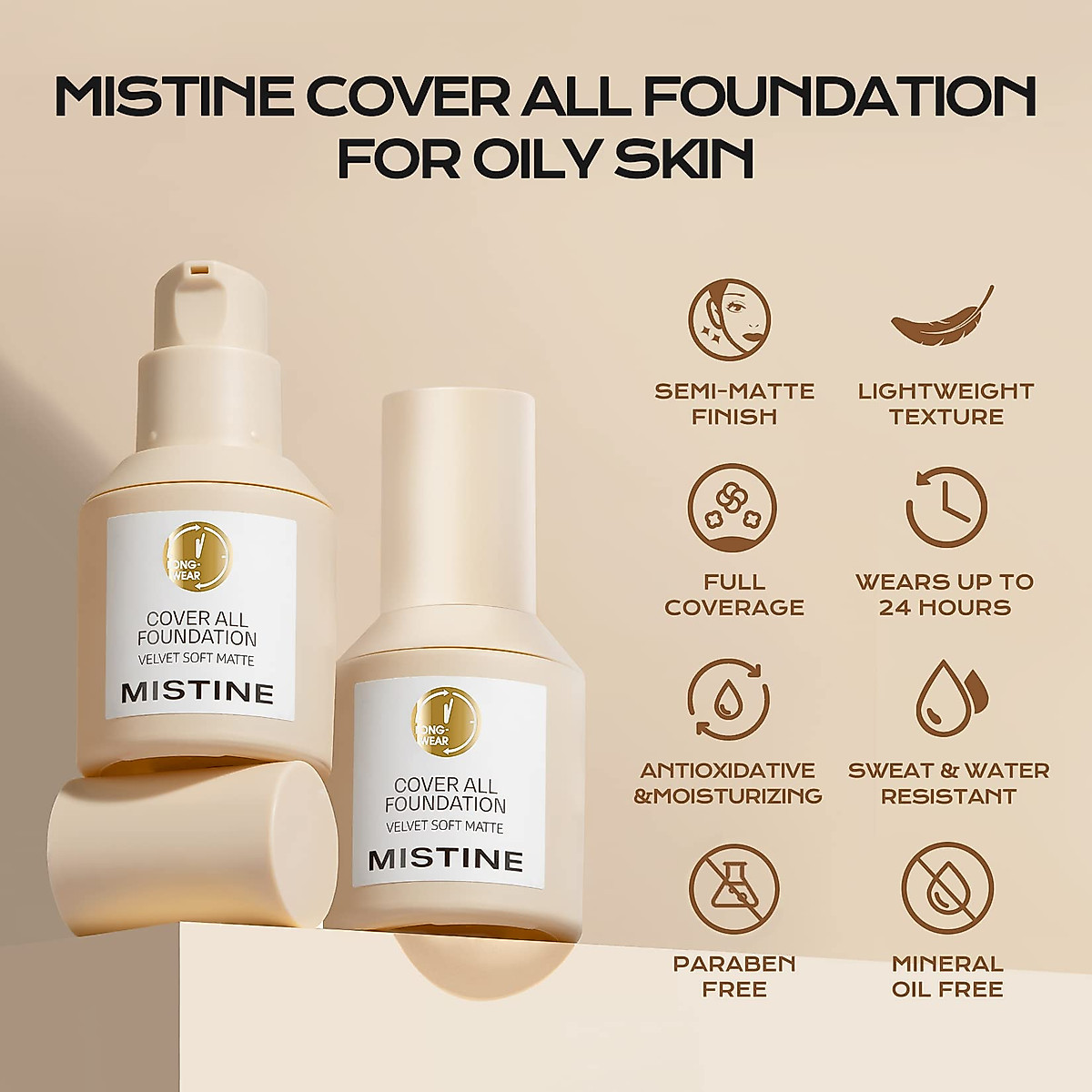 MISTINE Full Coverage Foundation Makeup for Oily Skin,24 Hour Oil Control Liquid Foundation,Skin-Caring,Moisturizing Formula,Cream Foundation,Matte Finish,Creamy Beige,1 Fl Oz