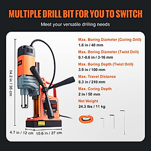 VEVOR Mag Drill Press, 1300W 1.57" Boring Diameter, 2922lbf Power Portable Magnetic Drill, 810 PRM, Electric Drilling Machine for Metal Surface, Industrial and Home Improvement