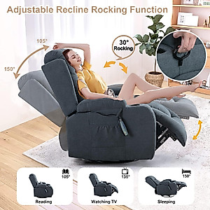 IPKIG Recliner Chair, Massage Swivel Rocker Recliner Chairs with Vibration Massage and Heat, Rocking Function, Side Pocket, 2 Cup Holders, Lumbar Pillow, Ergonomic Lounge Chair for Living Room (Blue)