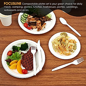 FOCUSLINE 150 Count Compostable Paper Plates and Utensils 30 Guest, Heavy-Duty Disposable Bagasse Plates Eco-Friendly Biodegradable Cutlery, Natural Eco-friendly Compostable Dinnerware