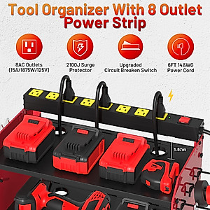 Modular Power Tool Organizer Wall Mount wtih Charging Station,Garage 4 Drill Holder Wall Mount with 8 Outlet Power Strip,Heavy Duty Tool Rack with Hooks,Screwdriver Rack in Workshop,Workbench