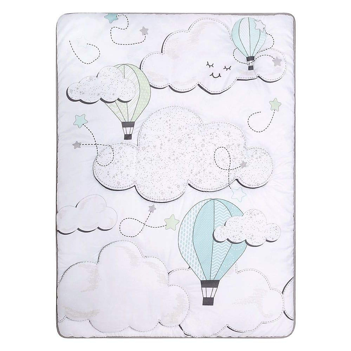 TRP 4 Piece Multi Color Whimsical Starry Cloudy Sky Crib Bedding Set, Beautiful All Over Clouds Stars Hot Air Balloons Grey Green Blue Hues Soft White Plush Fabric Cozy Comfy Nursery Decor