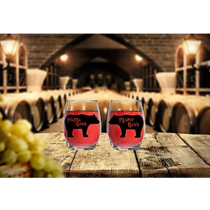 Mama Bear, Papa Bear - 15oz Crystal Wine Glasses - Couples Stemless Wine Glasses – His And Hers Gifts Ideas For Anniversary, Weddings, Bridal Showers
