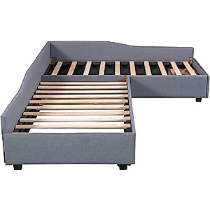 CITYLIGHT Upholstered L-Shaped 2 Twin Beds with Trundle and Storage Drawer, Wood Linen Corner Bed for Kids Girls Boys Teens Bedroom, Grey