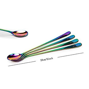 Long-handled ice tea spoon, cocktail stir spoons, stainless steel coffee spoons, Colored ice cream scoop (9 IN iridescence, Round)