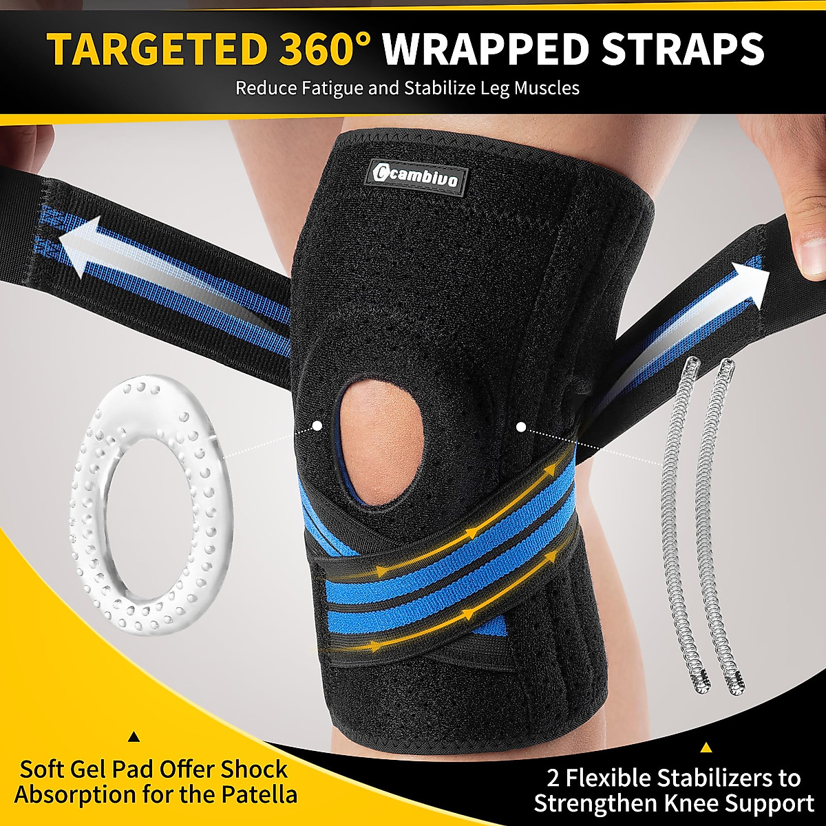 CAMBIVO Anti-chafing Knee Brace for Knee Pain with Side Stabilizers for Women and men, Adjustable Compression Knee Support with Patella Gel Pads, Relief Meniscus Tear, ACL, MCL, Arthritis (1 Pack)