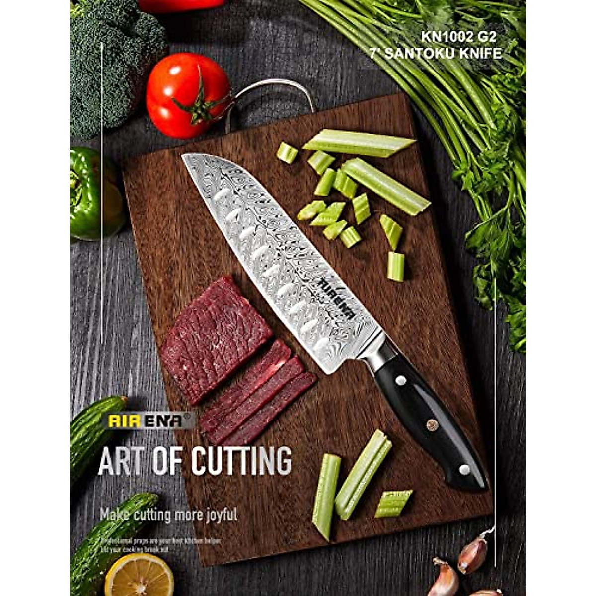 AIRENA Santoku Knife - 7" Japanese Style Kitchen Knife - X50CrMov15 German Steel Blade & Full Tang Ergonomic Pakkawood Handle - Best Value Ultra Sharp Cooking Chef Knife Giftbox