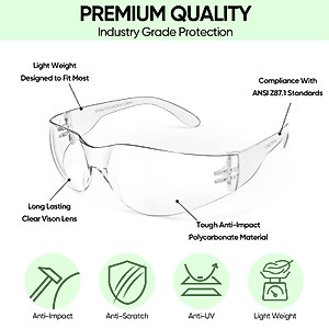 TICONN 3 Clear Safety Glasses for Men, Safety Goggles with Scratch Impact Resistant Meets ANSI Z87.1 Standard (3 Pack)