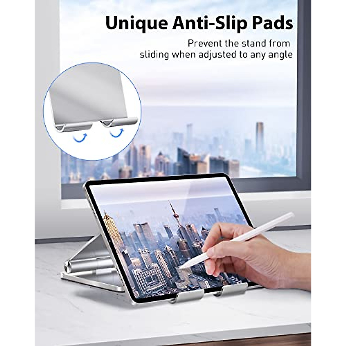 Maxonar Foldable Tablet Stand Holder, Adjustable Tablet Phone Desktop Stand Dock Constructed from Aluminum Compatible with 2022 iPad/iPad Pro, iPad Air/iPad Mini [4.7"-13"], Galaxy Tab S8- Silver