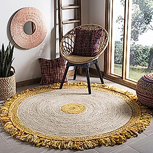 SAFAVIEH Cape Cod Collection 3' Round Gold / Natural CAP212D Handmade Boho Fringe Jute & Cotton Area Rug