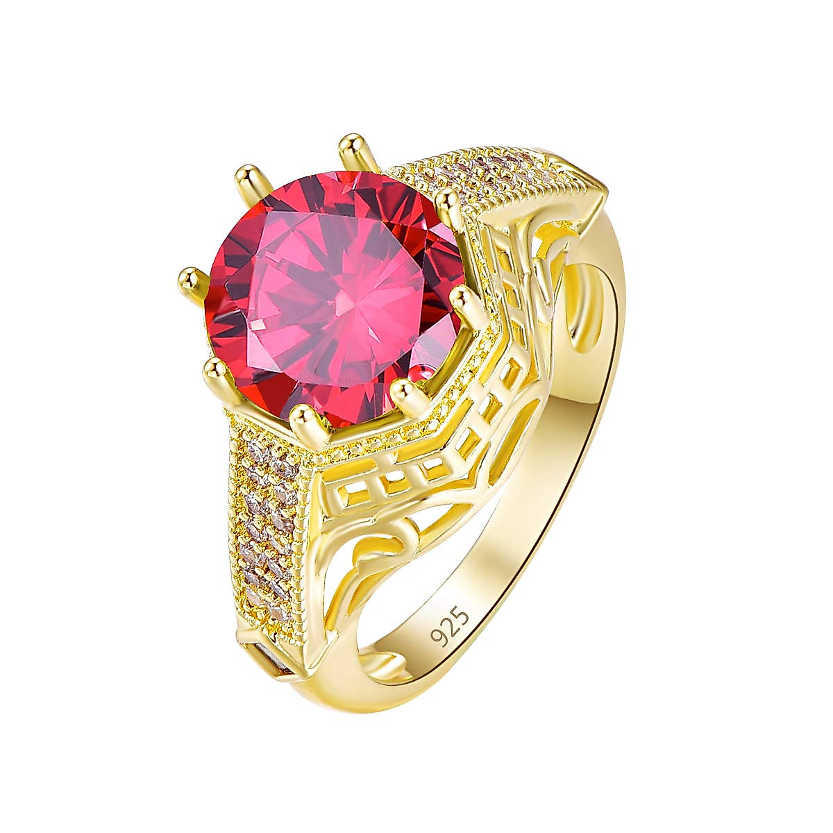 Narica Women's Yellow Gold Plated Vintage Round Cut Created Garnet Openwork Rings Band CZ Cubic Zirconia Filled for Mom 8#