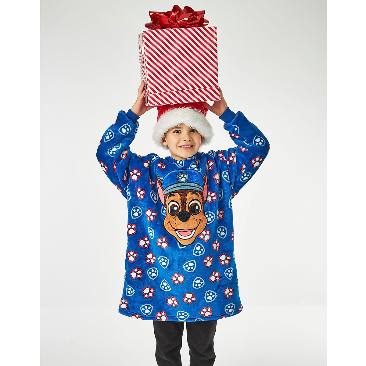 Paw Patrol Boys Wearable Hooded Blanket | Kids Blue Chase the Police Dog All Over Print Fleece Hoodie | Pullover Loungewear