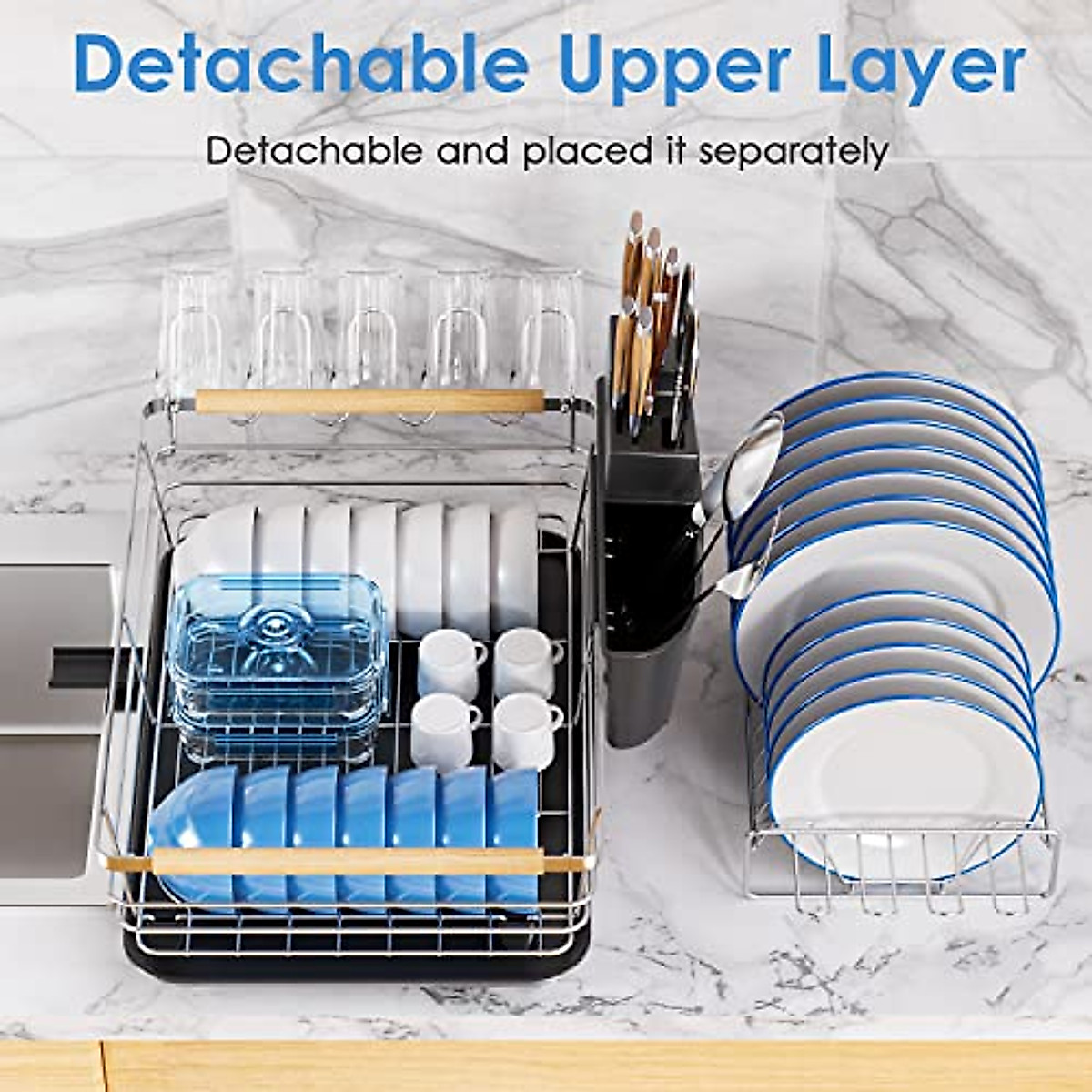 G-TING Dish Drying Rack, 2 Tier Detachable Dish Rack and Drainboard Set, Rust-Proof Drying Rack for Kitchen Counter, Large Capacity Dish Drainer with Utensils Holder and Cup Rack, Silver