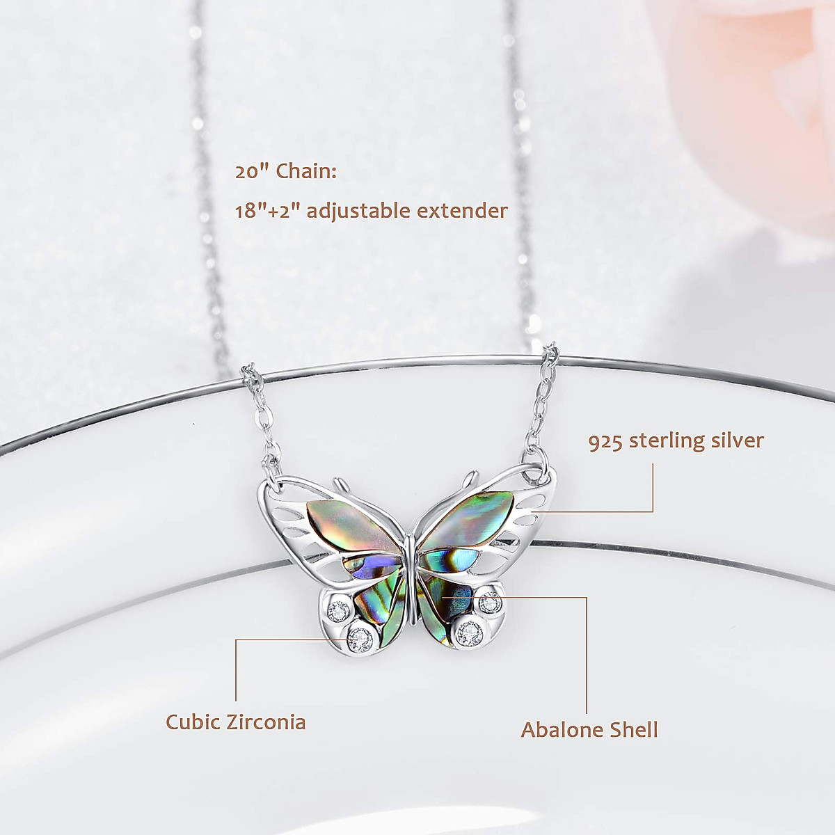 PRAYMOS 925 Sterling Silver Butterfly Necklace Women Abalone Shell Aesthetic Jewelry 20in Chain