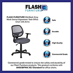 Flash Furniture Flash Fundamentals Mid-Back Gray Mesh Swivel Ergonomic Task Office Chair with Arms