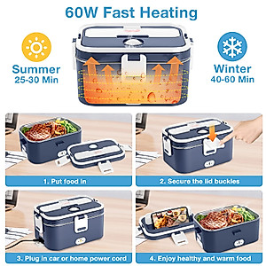 LHMTQVK Electric Lunch Box, Portable Food Warmer, Heated Lunch Box, Lunch Containers Lunch Warmer for Adults, 60W 1.8L 12V-24V 110V 3-in-1 Portable Microwave Food Heater (White+Royal blue)
