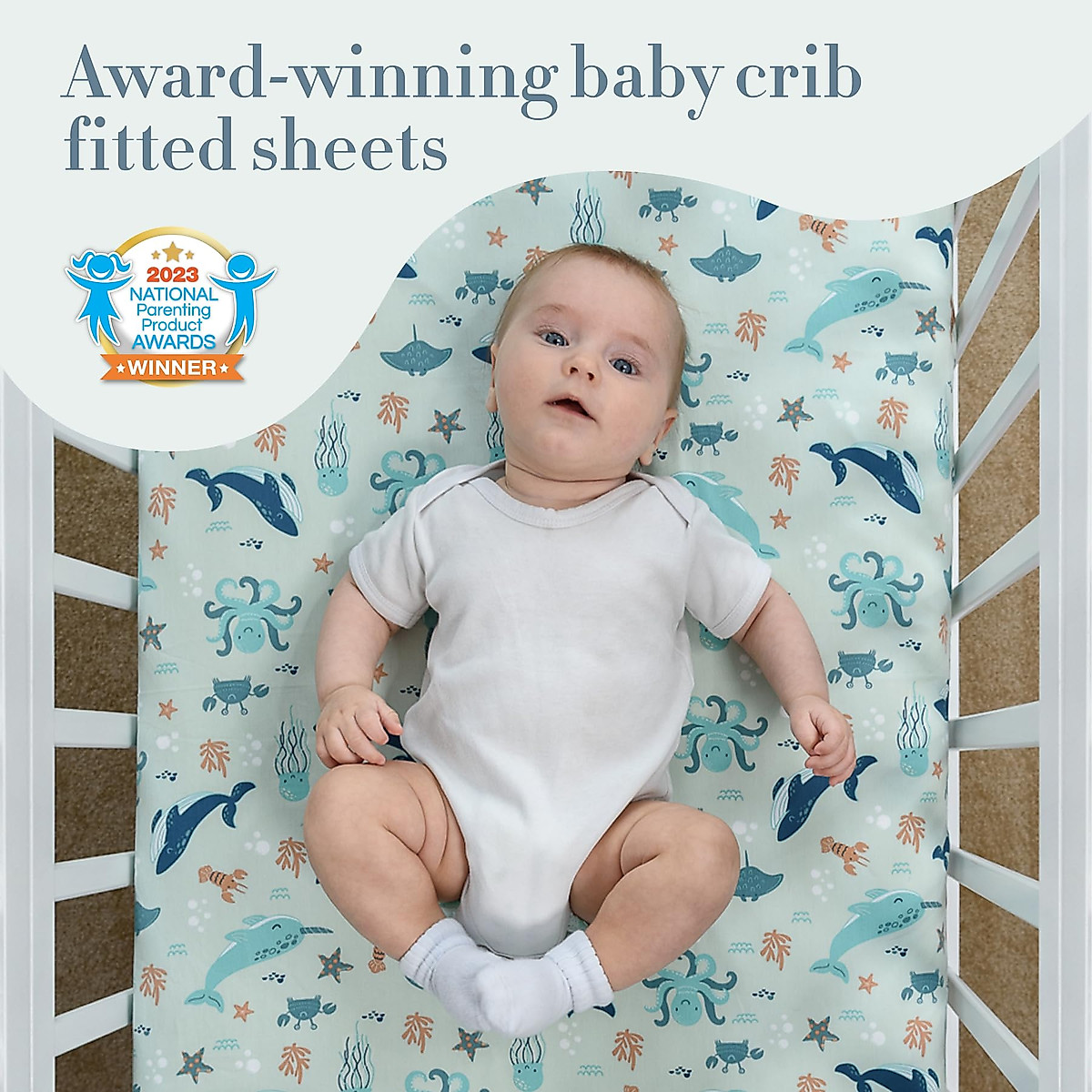 100% Cotton Crib Sheets for Baby Boys and Girls, Ocean Crib Sheets - Ocean Stars, Teal-White, 2 Pack Nautical Crib Sheets, Ocean Nursery Decor