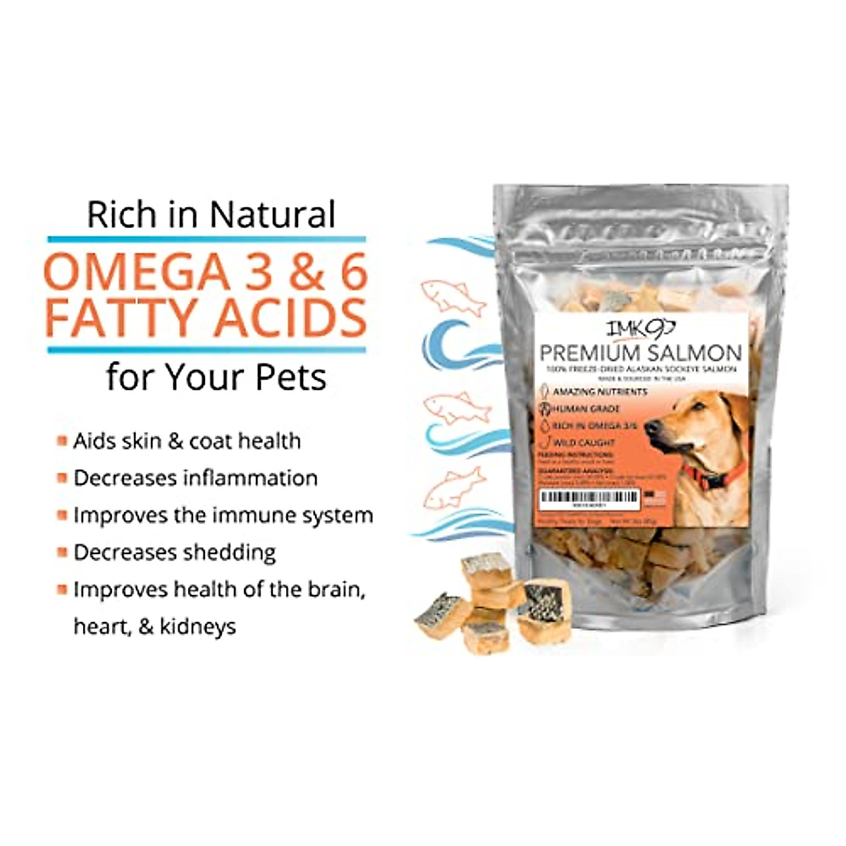 IMK9 Freeze Dried Salmon Dog Treats – High Value Training, High Protein, Natural Omega 3-6 Fish Oil – Wild Caught – 100% Pure Fish with Skin – Single Ingredient, Gluten, Grain Free – Made in The USA