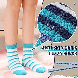 Kids Fuzzy Slipper Grip Socks Boys Girls Non Slip Winter Thick Fluffy Warm Soft Plush Thermal Crew Socks 6 Pairs (4-7 Years, 6 Pairs Stripe)