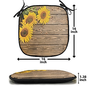 Lunarable Sunflower Chair Cushion Pads Set of 4, 3 Sunflowers on Wooden Background at Top Left Corner Picture Print, Anti-Slip Seat Padding for Kitchen & Patio, 16"x16", Umber Earth Yellow