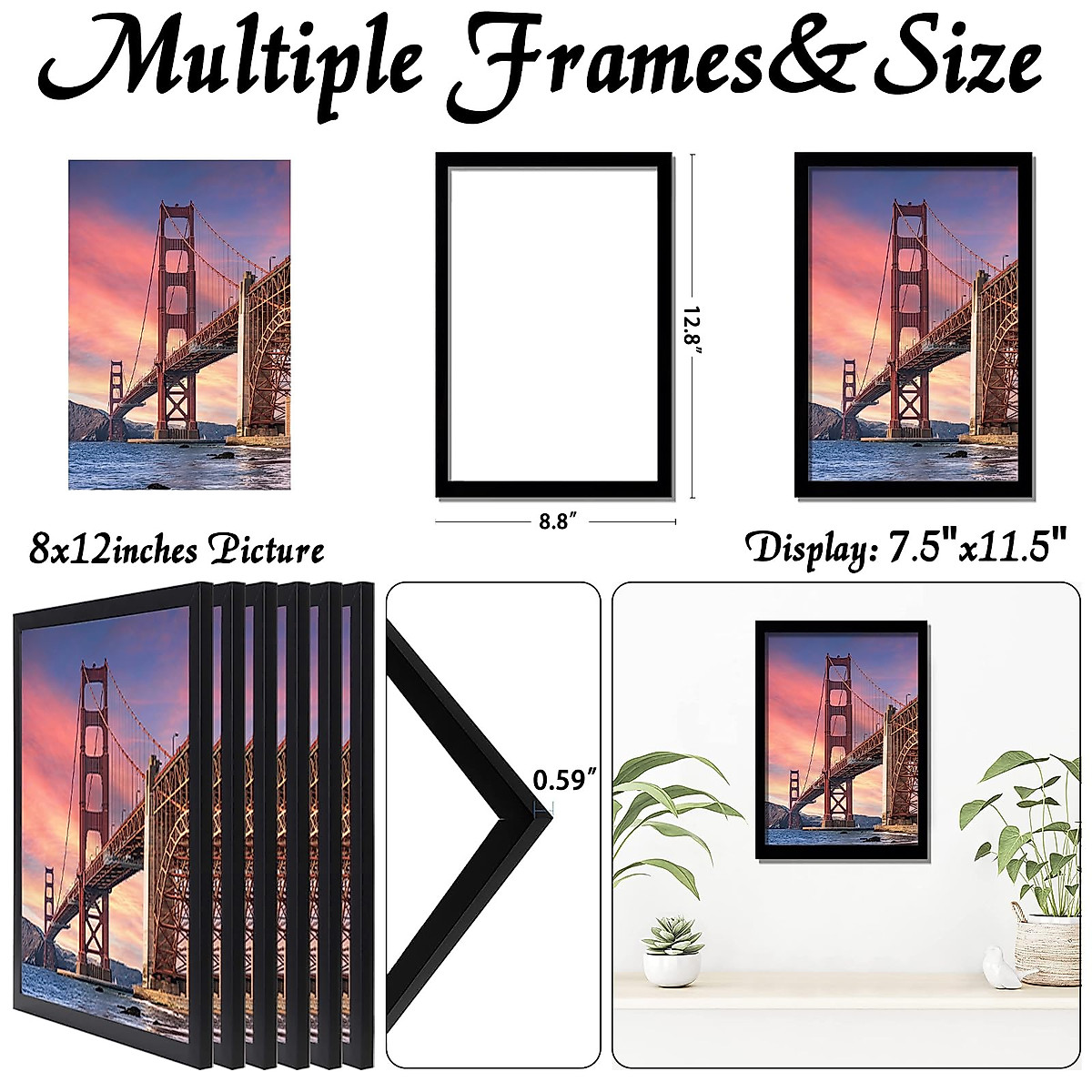 ijuerybai 6 Sets 8x12 Picture Frame, Frames for 8 x 12 Canvas Collage Photo Poster Certificate Wall Gallery, High Transparent Horizontal Vertical Black 8 by 12 Inches