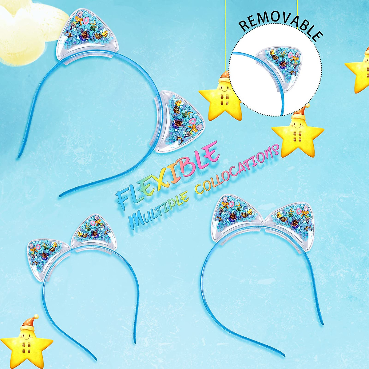 Fishdown Cute Cat Ears Headbands Set for Girls Plastic Headbands for Non-slip Transparent Cat Ears Headbands Quicksand(7pcs Per Pack Each Color 1pcs)