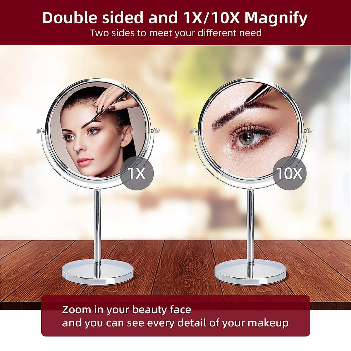 Tabletop Makeup Mirror with Magnification 8" Double-Sided Vanity Mirror 1X/10X Magnifying Mirror with Stand,Classic Round Desktop Make Up Mirror for Bathroom Bedroom,15" Height,Bright Silver,No Light
