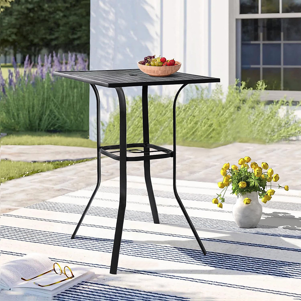 Betterland Patio Bar Table, Outdoor Square Bar Height Table Metal Bar Bistro Table, Metal Frame & Slat Tabletop with 1.57" Umbrella Hole