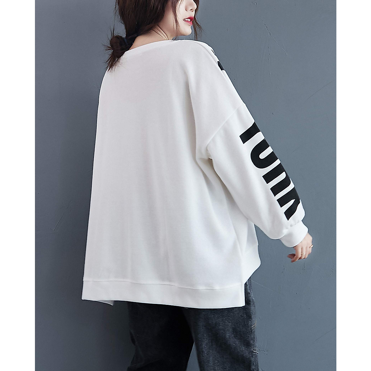 ellazhu Women's Autumn Casual Crew Neck Long Sleeve Sweatshirt Pullover GA2062 White