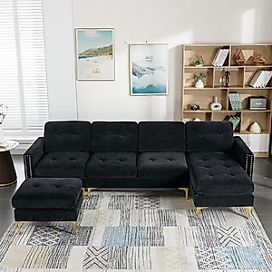 110" U-Shaped Sectional Sofa with Reversible Chaise and Movable Ottoman, 5-Seater Convertible Corner Couch with Side Pockets and Nail Head, Modern Comfy Sofa for Home Office Apartment (Black-021)