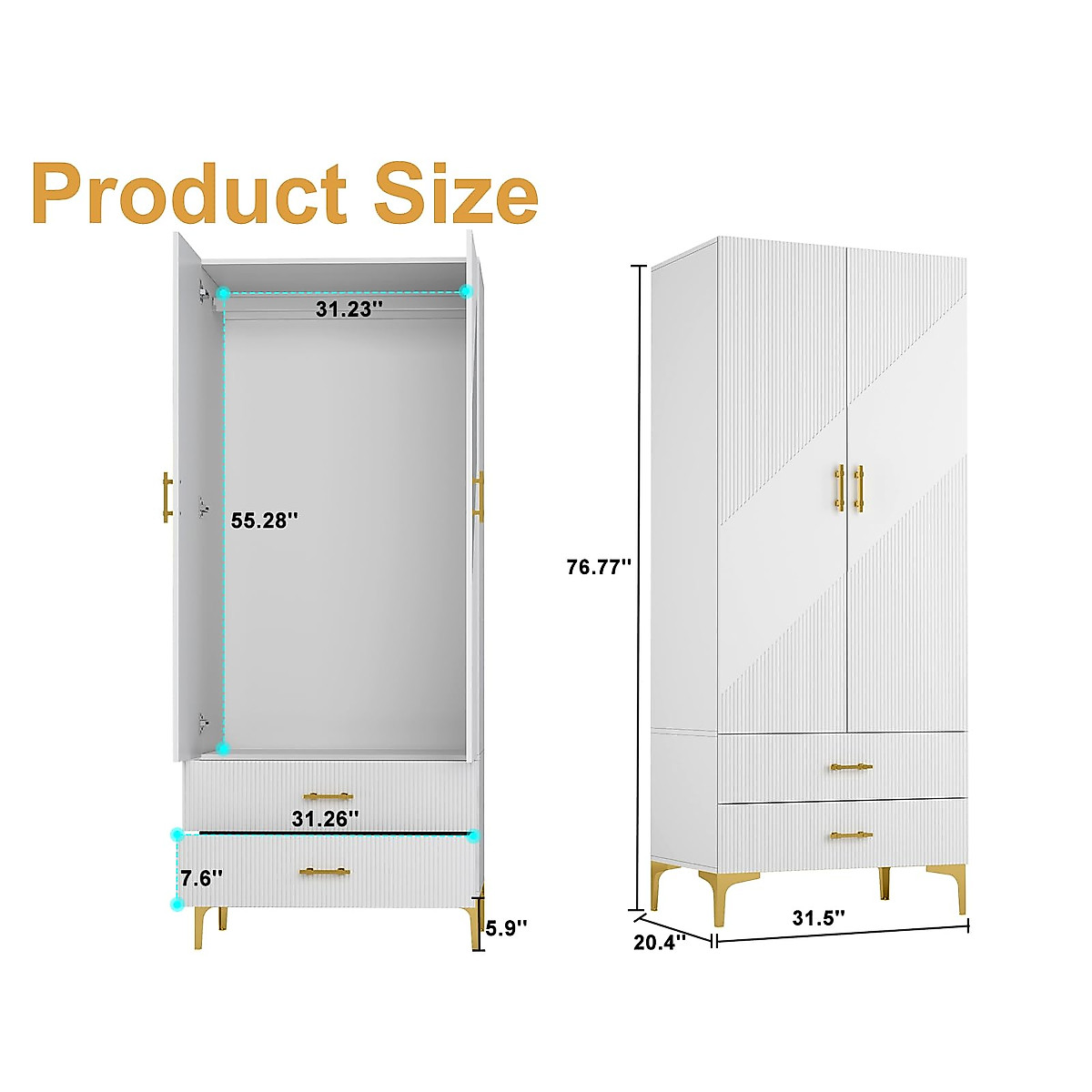 vinform Wardrobe Armoire with 2 Doors, 2 Drawers and Hanging Rods, Twill Wood Closet Storage with Metal Cabinet Legs, White 20.4" D x 31.5" W x 76.77" H (Left Modern)