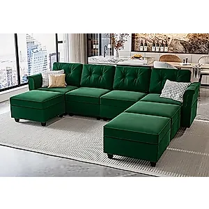 Belandi Modular Sectional Sofa U Shaped Convertible Sofa Couch with Storage, 7-Seat Velvet Modular Sofa with Ottomans, Oversized Sofa Couch with Reversible Chaises for Living Room, Green