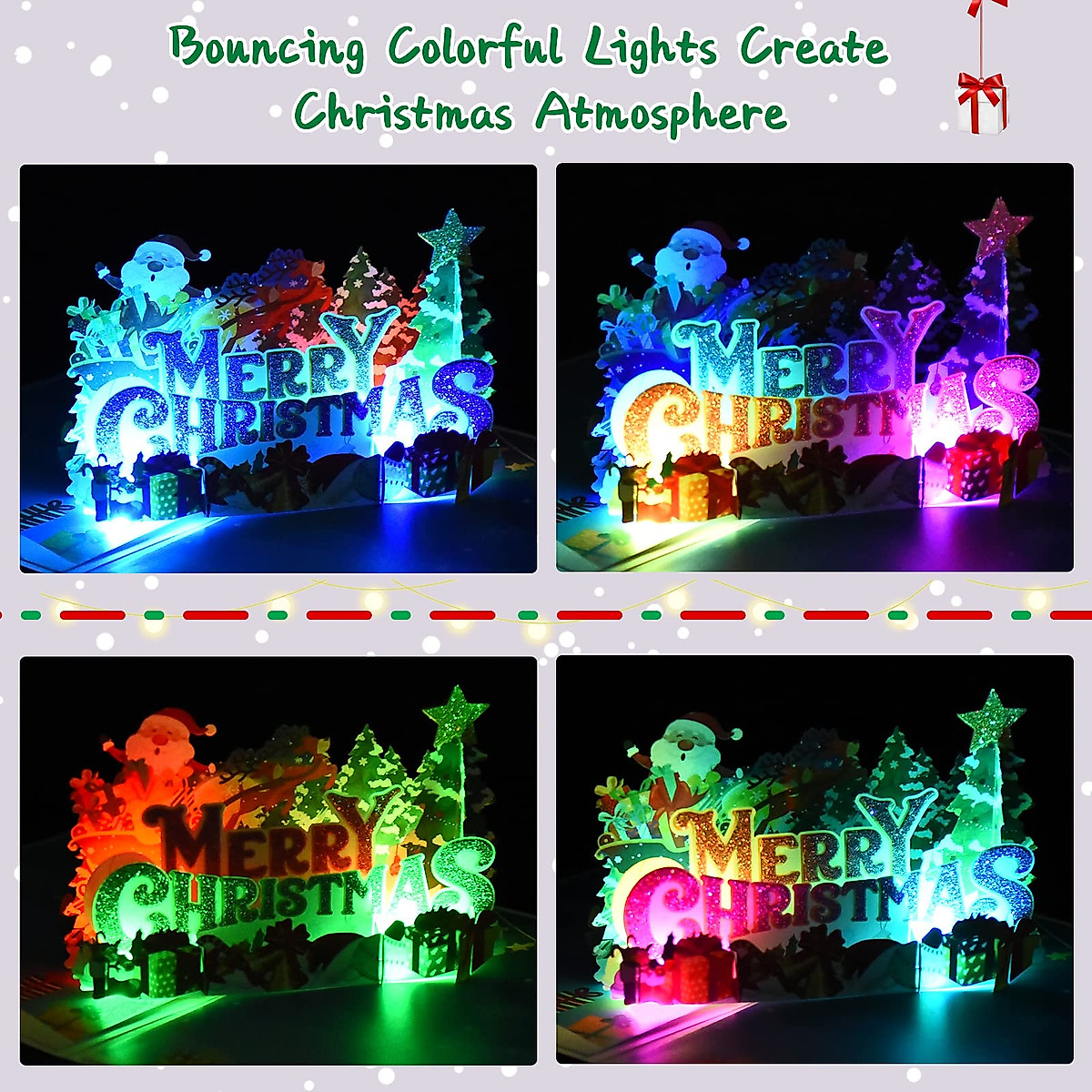 Venhoo Musical Christmas Card, 3D Christmas Pop Up Cards with Lights and Music of Merry Christmas, Double-Sides Pattern Design Holiday Greeting Card for Christmas Winter