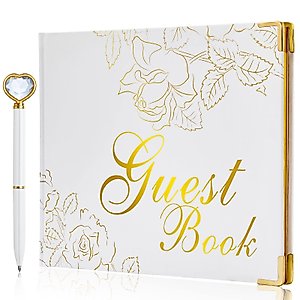 JEWPHX Guest Book with Pen– 9"x7" Hardcover 120 Page/60 Sheets-Gold Foil Gilded Edgesfor Guests to Sign at a Wedding, Party, Baby or Bridal Shower(White)