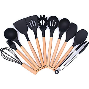 Kitchen Utensils Set, 33 pcs Non-Stick Silicone Cooking Utensils Set, Heat-Resistant Silicone, Wooden Utensils for Cooking, Kitchen Gadgets Spatula Set, Apartment Essentials Kitchen Set (Black)