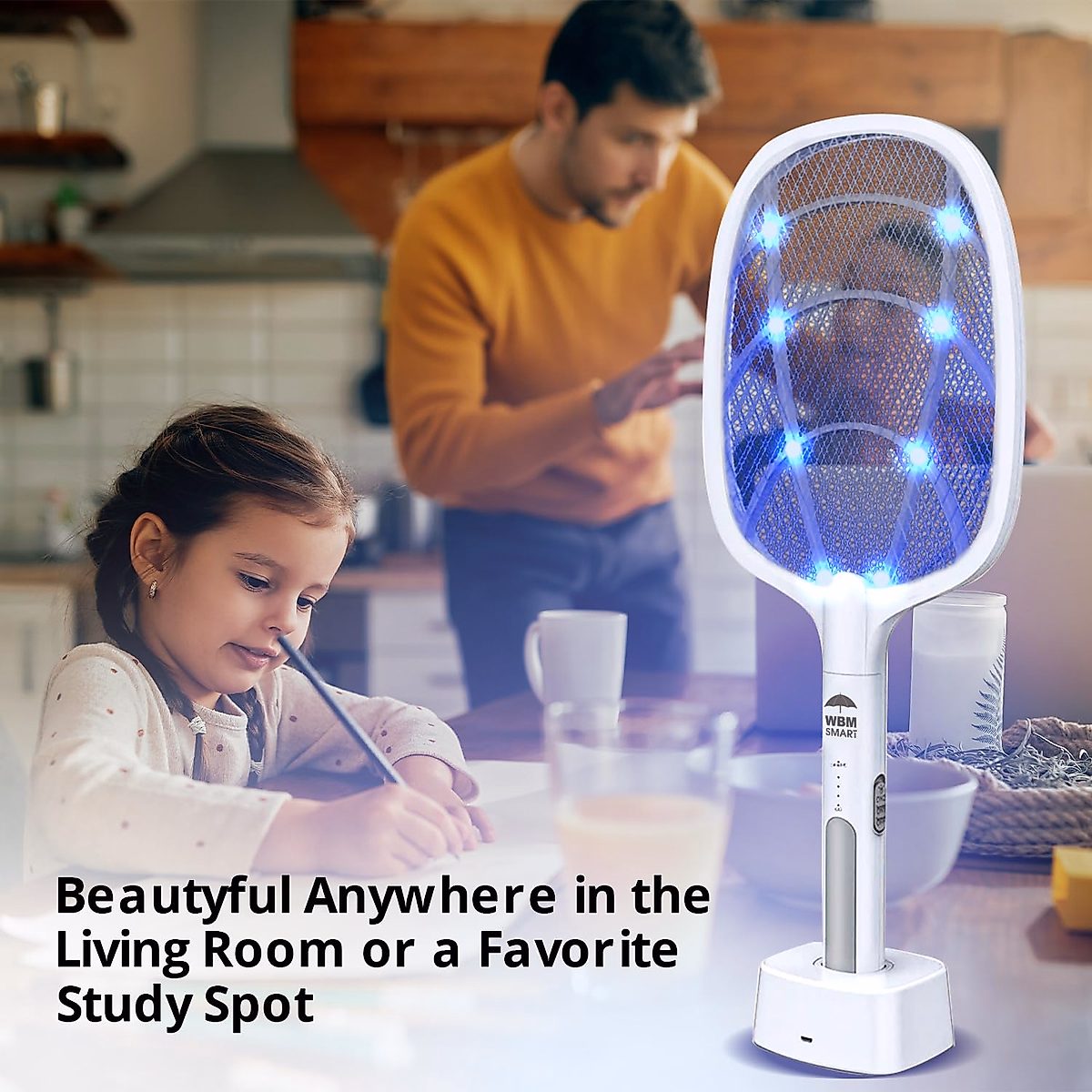 WBM SMART 2 in 1 Electric Bug Zapper, Mosquitoes Trap Lamp & Racket, USB Rechargeable Electric Fly Swatter for Home and Outdoor Powerful Grid 3-Layer Safety Mesh Safe to Touch