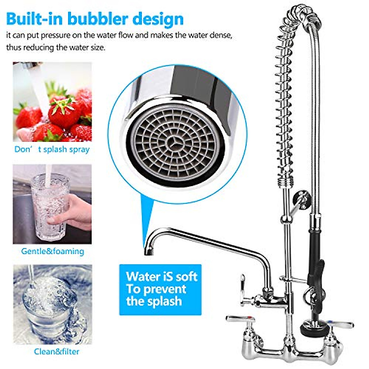 COOLWEST Commercial Sink Faucet 8 Inch Center Wall Mount Kitchen Faucet with Pull Down Pre-Rinse Sprayer and 12” Add-on Swivel Spout, 36” Height Perfect for 3 Bay Compartment Sink