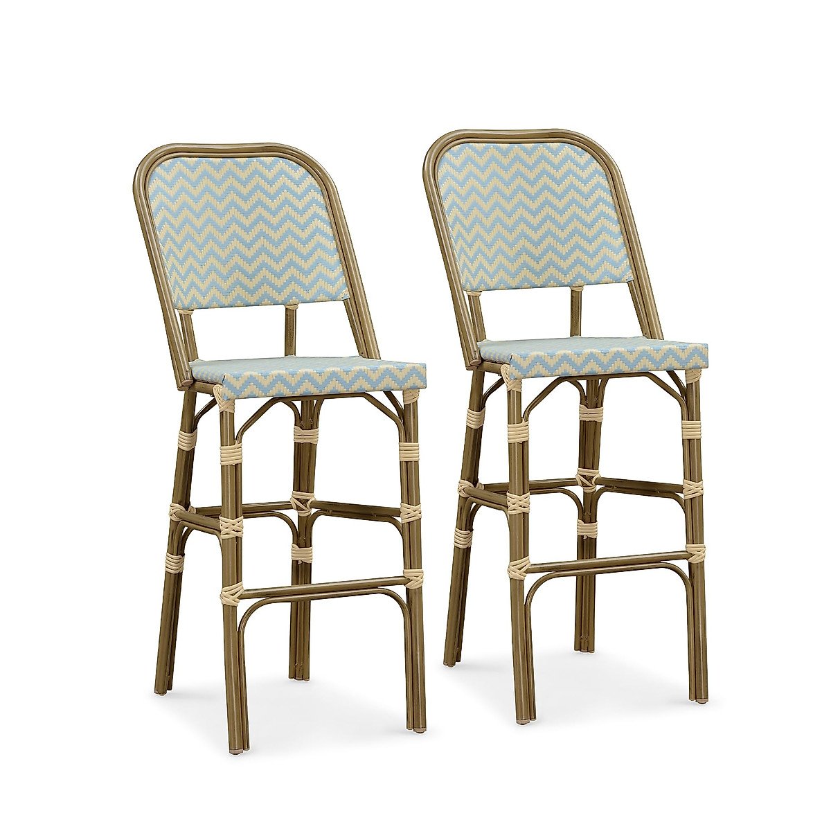 PURPLE LEAF French Bar Stool Set of 2 Outdoor Bar Patio Kitchen Counter Aluminum Frame Chair with Bamboo Print Finish Patio Bar Height Stool, Light Blue