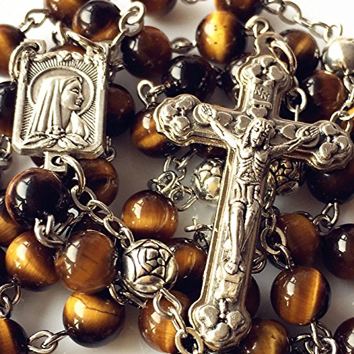 elegantmedical CATHOLIC Tiger Eye & Silver Rose Beads ROSARY CROSS crucifix necklace