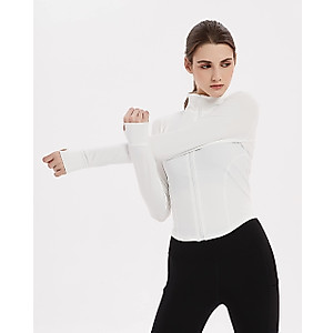Gihuo Women's Athletic Full Zip Lightweight Workout Jacket Cropped Gym Yoga Track Jacket with Thumb Holes (White, Medium)