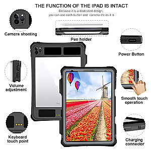 Transy for iPad Pro 11 Case - Black Waterproof Case for iPad Pro 11 Inch 2020 2021 2022 New Clear Full Body Protection Bumper Case Shockproof Dustproof with Ring Stand Strap Built in Pen Holder