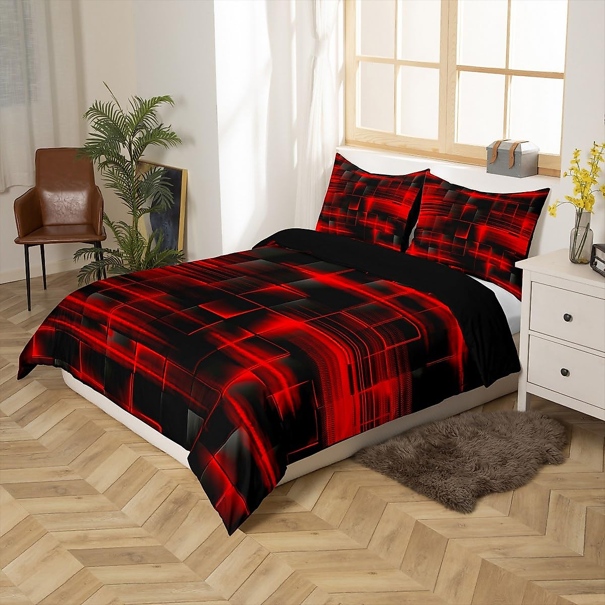 Feelyou Red Black Duvet Cover Queen Size Boys Girls Geometric Strip Lines Bedding Set for Kids Geometry Comforter Cover Set Abstract Modern Bedspread Cover Room Decor Bedclothes Zipper