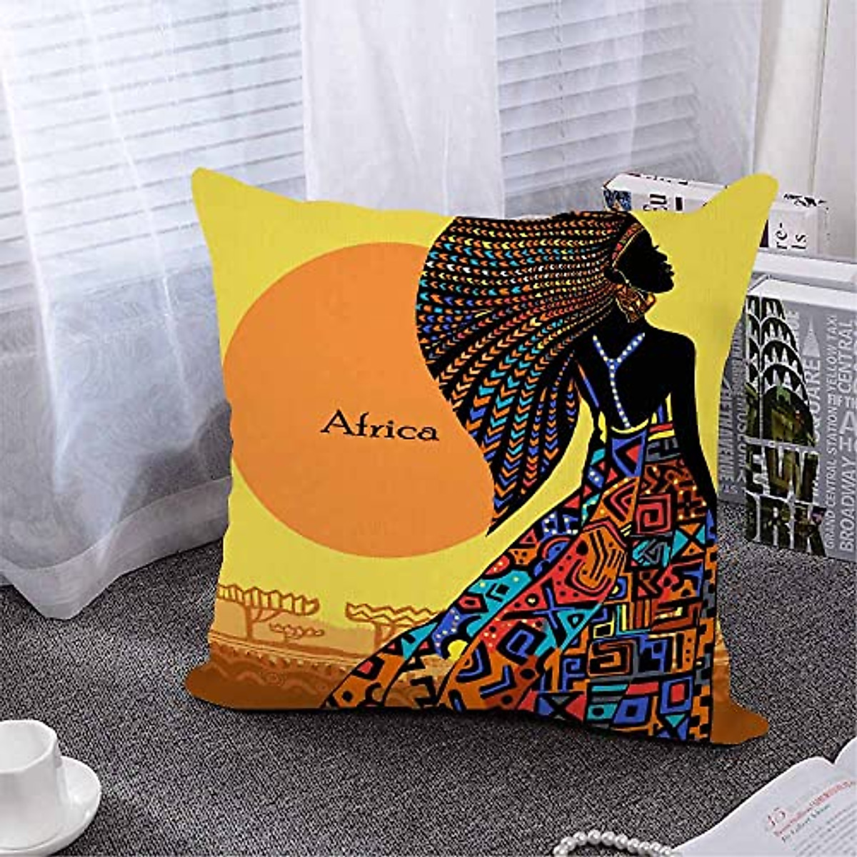 IBILIU African Women Throw Pillow Covers 18X18,Beautiful Black Woman in A Bright Dress Cotton Linen Cushion Cases Decorative Pillow Cases for Couch Sofa Bedroom