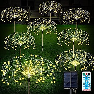 8 Packs Outdoor Solar Firework Lights with Remote 8 Modes 120 Led Waterproof Solar Warm White Garden Firework Lamp Decorative Stake Landscape Light for Pathway Patio Lawn Yard Wedding Party Decor