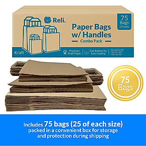 Reli. Paper Bags w/Handles, Kraft | Assorted Large Sizes | 75 Pcs (25 Bags Per Size) - Bulk | 8x4.25x10-10x5x13-16x6x12 | Brown Paper Bags Combo Pack | Retail Bags/Shopping Bags, Gift Bags