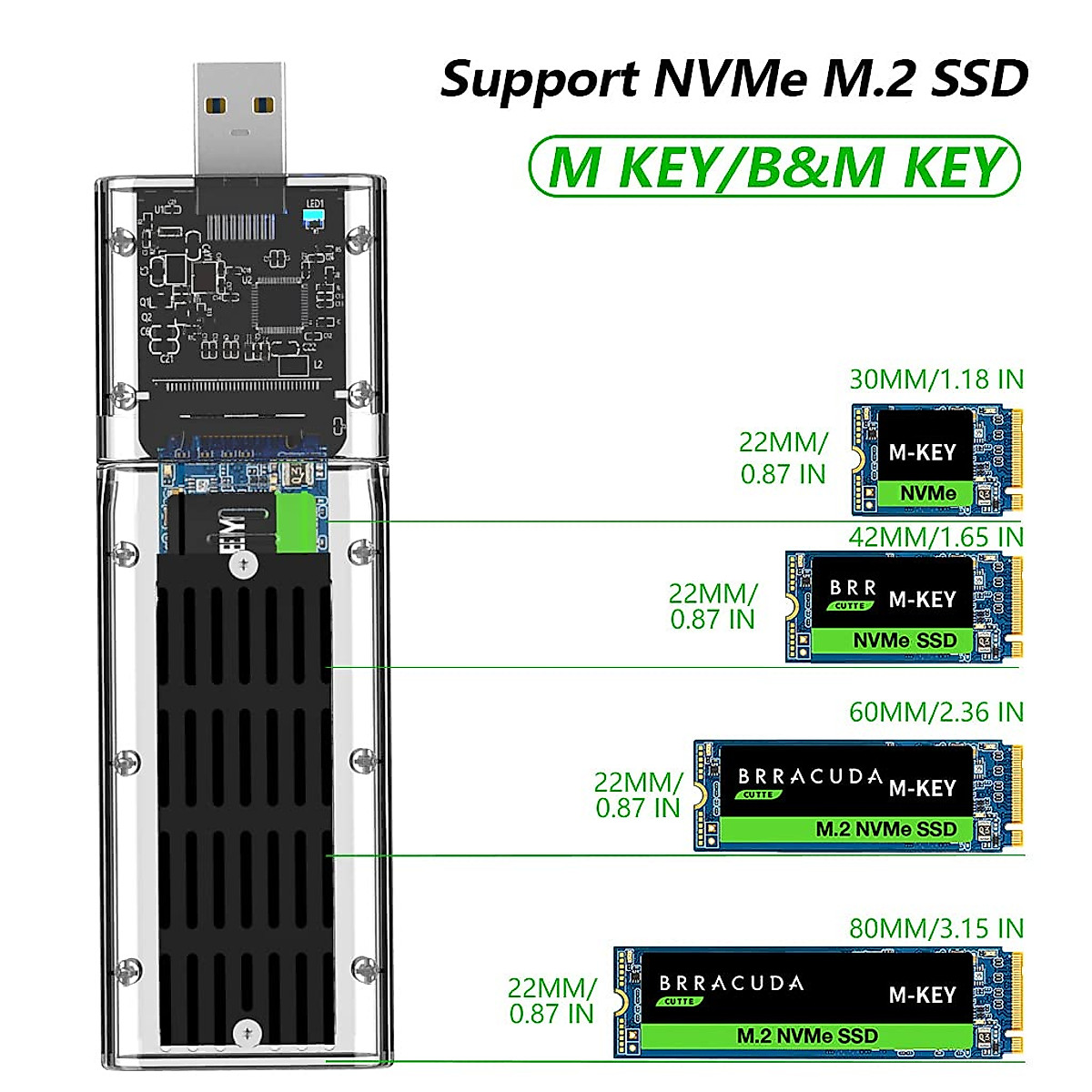 AOJUE M.2 NVME SSD Enclosure Adapter, USB 3.1 Gen 2 (10 Gbps)(USB3.0 Compatible) to NVME PCI-E M-Key Solid State Drive External Enclosure (Fits only NVMe PCIe 2242/2260/2280)-DM201PUA (Black)
