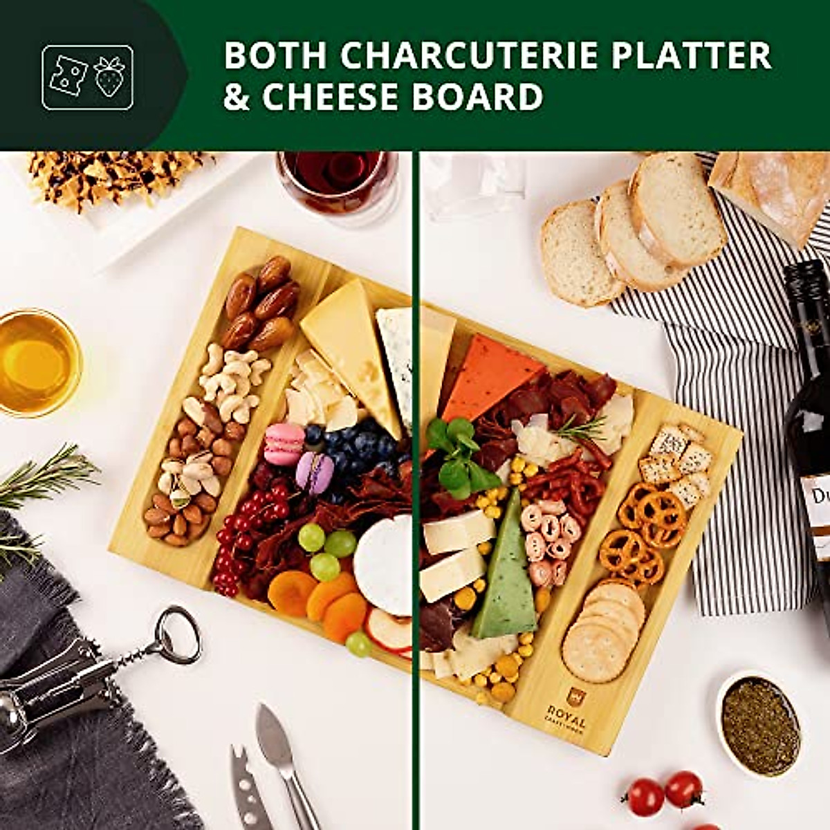 Unique Bamboo Cheese Board, Charcuterie Platter and Serving Tray for Wine, Crackers, Brie and Meat. Large and Thick Natural Wooden Server - Fancy House Warming Gift